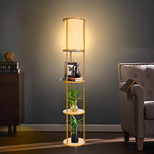 Floor Lamp with Big Shelves,3-Tier Golden Cylinder Shelf Floor Lamps with 3000K Warm Soft Brightness E26 LED Bulb (Included), Linen Shade Storage Wood Texture Modern Floor Lamp with Foot switch