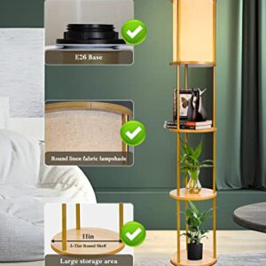 Floor Lamp with Big Shelves,3-Tier Golden Cylinder Shelf Floor Lamps with 3000K Warm Soft Brightness E26 LED Bulb (Included), Linen Shade Storage Wood Texture Modern Floor Lamp with Foot switch