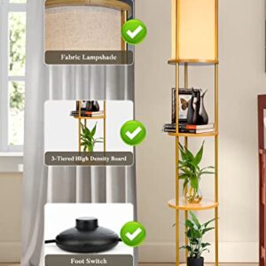 Floor Lamp with Big Shelves,3-Tier Golden Cylinder Shelf Floor Lamps with 3000K Warm Soft Brightness E26 LED Bulb (Included), Linen Shade Storage Wood Texture Modern Floor Lamp with Foot switch