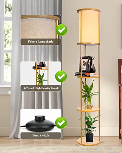 Floor Lamp with Big Shelves,3-Tier Golden Cylinder Shelf Floor Lamps with 3000K Warm Soft Brightness E26 LED Bulb (Included), Linen Shade Storage Wood Texture Modern Floor Lamp with Foot switch