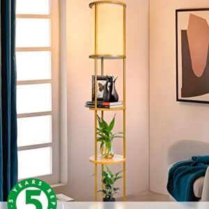 Floor Lamp with Big Shelves,3-Tier Golden Cylinder Shelf Floor Lamps with 3000K Warm Soft Brightness E26 LED Bulb (Included), Linen Shade Storage Wood Texture Modern Floor Lamp with Foot switch