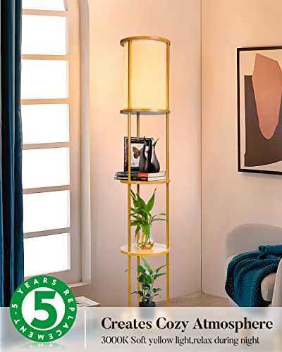 Floor Lamp with Big Shelves,3-Tier Golden Cylinder Shelf Floor Lamps with 3000K Warm Soft Brightness E26 LED Bulb (Included), Linen Shade Storage Wood Texture Modern Floor Lamp with Foot switch