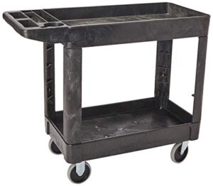 rubbermaid commercial products 2-shelf utility/service cart, small, lipped shelves, storage handle, 500 lbs. capacity, for warehouse/garage/cleaning/manufacturing (fg450089bla)