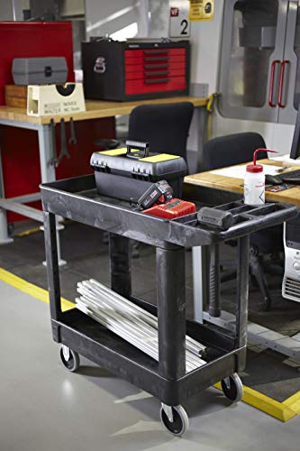 Rubbermaid Commercial Products 2-Shelf Utility/Service Cart, Small, Lipped Shelves, Storage Handle, 500 lbs. Capacity, for Warehouse/Garage/Cleaning/Manufacturing (FG450089BLA)