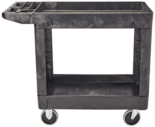 Rubbermaid Commercial Products 2-Shelf Utility/Service Cart, Small, Lipped Shelves, Storage Handle, 500 lbs. Capacity, for Warehouse/Garage/Cleaning/Manufacturing (FG450089BLA)