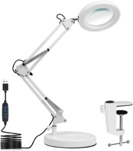 5x magnifying lamp, 2-in-1 magnifying lamp tool magnifying glass with light and stand, with base and clamp 3 color modes stepless dimmable, led 5x glass magnifying desk lamp & clamp for reading