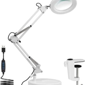 5X Magnifying Lamp, 2-in-1 Magnifying Lamp Tool Magnifying Glass with Light and Stand, with Base and Clamp 3 Color Modes Stepless Dimmable, LED 5X Glass Magnifying Desk Lamp & Clamp for Reading