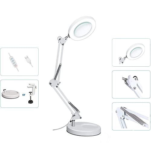 5X Magnifying Lamp, 2-in-1 Magnifying Lamp Tool Magnifying Glass with Light and Stand, with Base and Clamp 3 Color Modes Stepless Dimmable, LED 5X Glass Magnifying Desk Lamp & Clamp for Reading