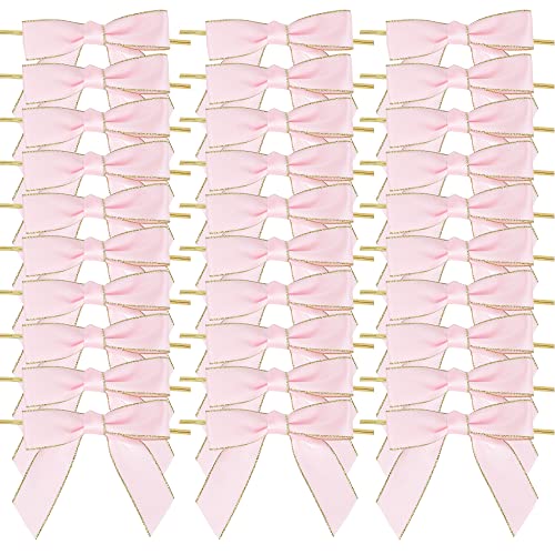 AIMUDI Pink Twist Tie Bows for Treat Bags 3.5" Premade Pink and Gold Bows for Crafts Pre-Tied Pink Bows for Baby Shower, Cello Bags, Wedding Favors, Gift Wrapping, Party Decorations, 50 Counts