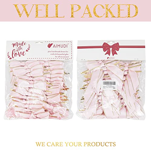 AIMUDI Pink Twist Tie Bows for Treat Bags 3.5" Premade Pink and Gold Bows for Crafts Pre-Tied Pink Bows for Baby Shower, Cello Bags, Wedding Favors, Gift Wrapping, Party Decorations, 50 Counts