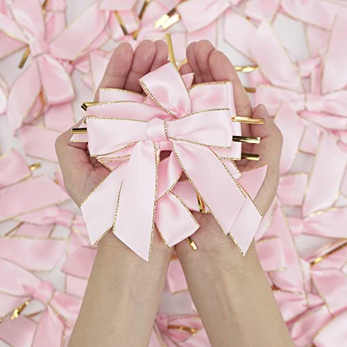 AIMUDI Pink Twist Tie Bows for Treat Bags 3.5" Premade Pink and Gold Bows for Crafts Pre-Tied Pink Bows for Baby Shower, Cello Bags, Wedding Favors, Gift Wrapping, Party Decorations, 50 Counts