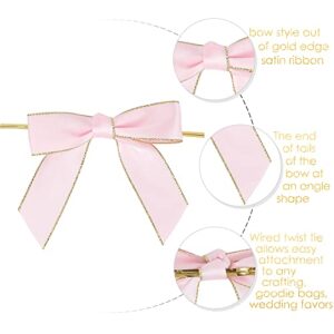 AIMUDI Pink Twist Tie Bows for Treat Bags 3.5" Premade Pink and Gold Bows for Crafts Pre-Tied Pink Bows for Baby Shower, Cello Bags, Wedding Favors, Gift Wrapping, Party Decorations, 50 Counts