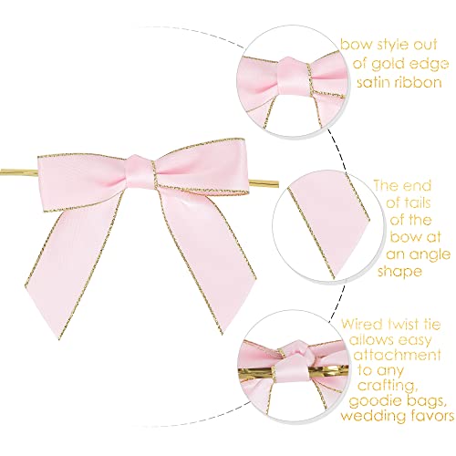 AIMUDI Pink Twist Tie Bows for Treat Bags 3.5" Premade Pink and Gold Bows for Crafts Pre-Tied Pink Bows for Baby Shower, Cello Bags, Wedding Favors, Gift Wrapping, Party Decorations, 50 Counts