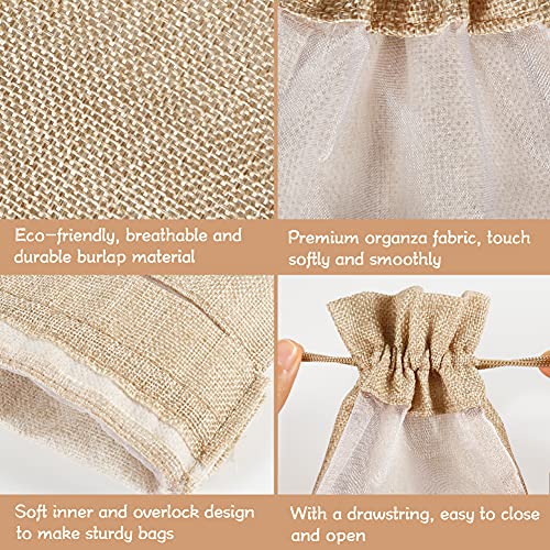 Burlap Drawstring Bags 5x7 Inch with Sheer Window Organza, Candy Jewelry Gift Pouches for Party Favors, DIY Craft, Birthday and Wedding (12 Pack)