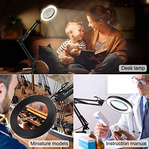 Krstlv 8X Magnifying Glass with Light, Real Glass Lens Desk Lamp & Clamp, 3 Color Modes Stepless Dimmable, Hands Free LED Lighted Magnifier with Light and Stand for Reading Crafts Repair Close Works