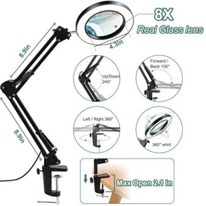 Krstlv 8X Magnifying Glass with Light, Real Glass Lens Desk Lamp & Clamp, 3 Color Modes Stepless Dimmable, Hands Free LED Lighted Magnifier with Light and Stand for Reading Crafts Repair Close Works