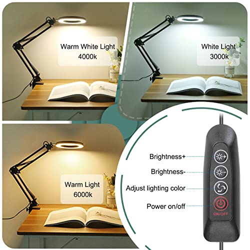 Krstlv 8X Magnifying Glass with Light, Real Glass Lens Desk Lamp & Clamp, 3 Color Modes Stepless Dimmable, Hands Free LED Lighted Magnifier with Light and Stand for Reading Crafts Repair Close Works