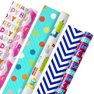 hallmark reversible kids birthday wrapping paper (3 rolls: 120 sq. ft. ttl.) monsters and unicorns, polka dots, chevron, pink, teal, blue, red, orange, lime green