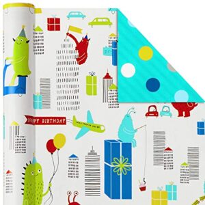 Hallmark Reversible Kids Birthday Wrapping Paper (3 Rolls: 120 sq. ft. ttl.) Monsters and Unicorns, Polka Dots, Chevron, Pink, Teal, Blue, Red, Orange, Lime Green