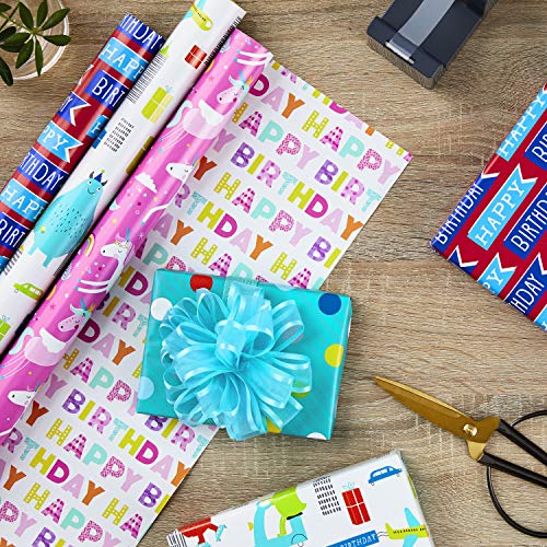 Hallmark Reversible Kids Birthday Wrapping Paper (3 Rolls: 120 sq. ft. ttl.) Monsters and Unicorns, Polka Dots, Chevron, Pink, Teal, Blue, Red, Orange, Lime Green