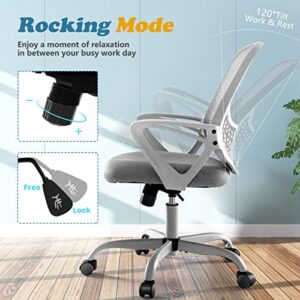 Ergonomic Office Chair - Home Desk Mesh Chair with Fixed Armrest, Executive Computer Chair with Soft Foam Seat Cushion and Lumbar Support, Grey