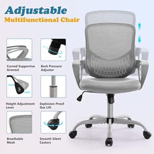 Ergonomic Office Chair - Home Desk Mesh Chair with Fixed Armrest, Executive Computer Chair with Soft Foam Seat Cushion and Lumbar Support, Grey