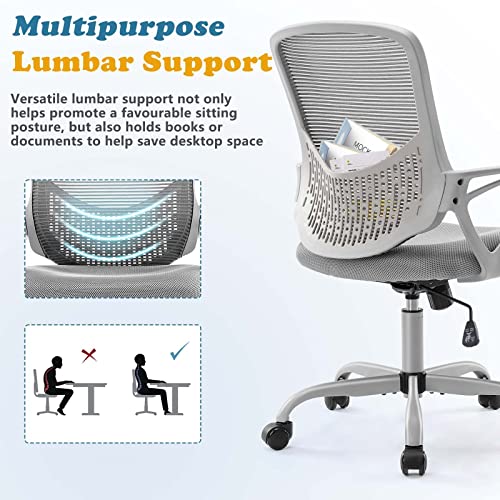 Ergonomic Office Chair - Home Desk Mesh Chair with Fixed Armrest, Executive Computer Chair with Soft Foam Seat Cushion and Lumbar Support, Grey