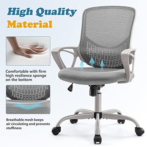 Ergonomic Office Chair - Home Desk Mesh Chair with Fixed Armrest, Executive Computer Chair with Soft Foam Seat Cushion and Lumbar Support, Grey