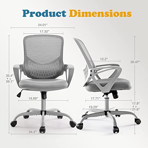 Ergonomic Office Chair - Home Desk Mesh Chair with Fixed Armrest, Executive Computer Chair with Soft Foam Seat Cushion and Lumbar Support, Grey