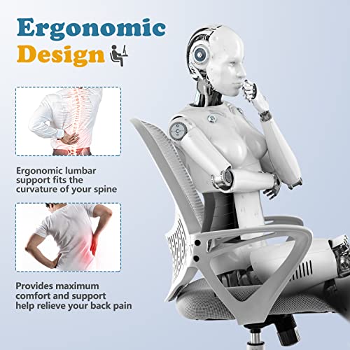 Ergonomic Office Chair - Home Desk Mesh Chair with Fixed Armrest, Executive Computer Chair with Soft Foam Seat Cushion and Lumbar Support, Grey