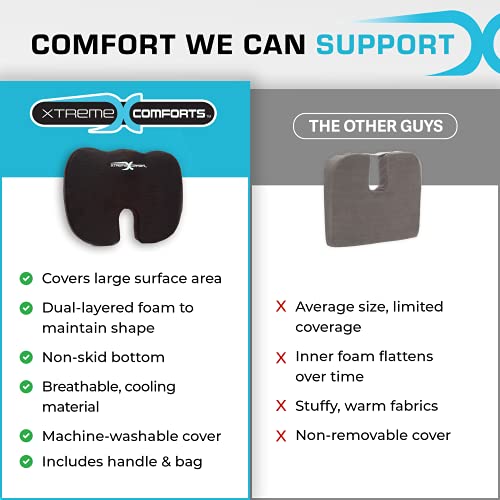 Xtreme Comforts Seat Cushion, Office Chair Cushions - Pack of 1 Padded Foam Cushion w/ Handle for Desk, Wheelchair & Car Use - Back Support Pillow for Chair ﻿- Travel Bag Included