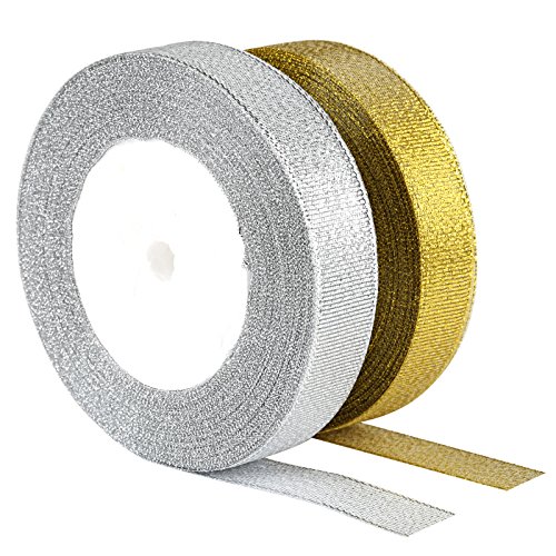 KESOTE Christmas 50 Yard Silver and Gold Ribbon for Christmas Tree Gift Wrapping Hair Bows Maker Floral Projects, 4/5 Inches