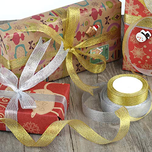 KESOTE Christmas 50 Yard Silver and Gold Ribbon for Christmas Tree Gift Wrapping Hair Bows Maker Floral Projects, 4/5 Inches