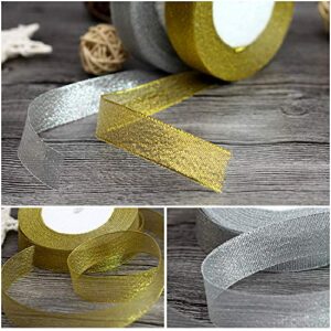 KESOTE Christmas 50 Yard Silver and Gold Ribbon for Christmas Tree Gift Wrapping Hair Bows Maker Floral Projects, 4/5 Inches