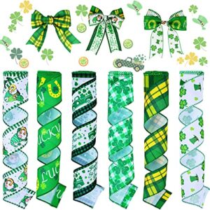 6 rolls 30 yards st. patrick’s day wired edge ribbon green buffalo plaid ribbon shamrock burlap ribbon green hat wrapping ribbon for wrapping wreath party decoration diy craft supplies (white/green)