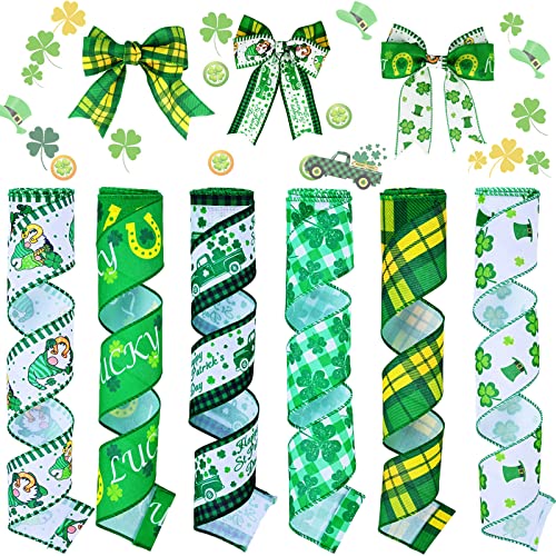 6 Rolls 30 Yards St. Patrick's Day Wired Edge Ribbon Green Buffalo Plaid Ribbon Shamrock Burlap Ribbon Green Hat Wrapping Ribbon for Wrapping Wreath Party Decoration DIY Craft Supplies (White/Green)