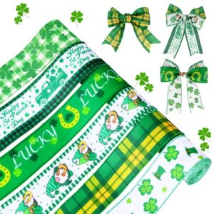 6 Rolls 30 Yards St. Patrick's Day Wired Edge Ribbon Green Buffalo Plaid Ribbon Shamrock Burlap Ribbon Green Hat Wrapping Ribbon for Wrapping Wreath Party Decoration DIY Craft Supplies (White/Green)