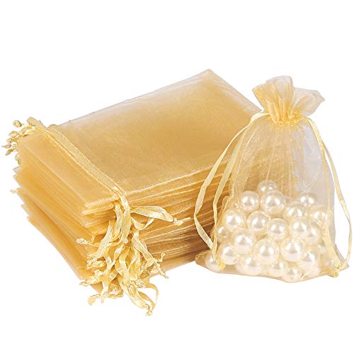 HRX Package 100pcs Gold Organza Gift Bags, 4 x 6 inch Candy Mesh Drawstring Favor Bags Jewelry Pouches for Christmas Wedding Party