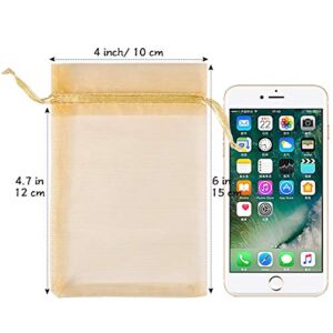 HRX Package 100pcs Gold Organza Gift Bags, 4 x 6 inch Candy Mesh Drawstring Favor Bags Jewelry Pouches for Christmas Wedding Party