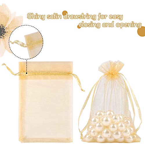 HRX Package 100pcs Gold Organza Gift Bags, 4 x 6 inch Candy Mesh Drawstring Favor Bags Jewelry Pouches for Christmas Wedding Party