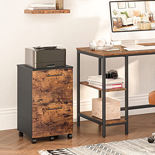 HOOBRO File Cabinet, Filling Cabinet with 2 Drawer, Mobile Office Cabinet with 5 Wheels, for Home Office, Mobile Pedestal, for A4, Letter Size, Hanging File Folders, Rustic Brown and Black BF03WJ01G1