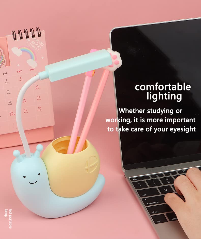 Cute Kids Lamp with Pen Holder,LED Desk Lamp for Child,Snail Shape USB Charging Student Learning Eye Protection Lamp with 360° Bendable Adjustable Neck Yellow