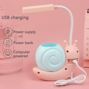 Cute Kids Lamp with Pen Holder,LED Desk Lamp for Child,Snail Shape USB Charging Student Learning Eye Protection Lamp with 360° Bendable Adjustable Neck Yellow