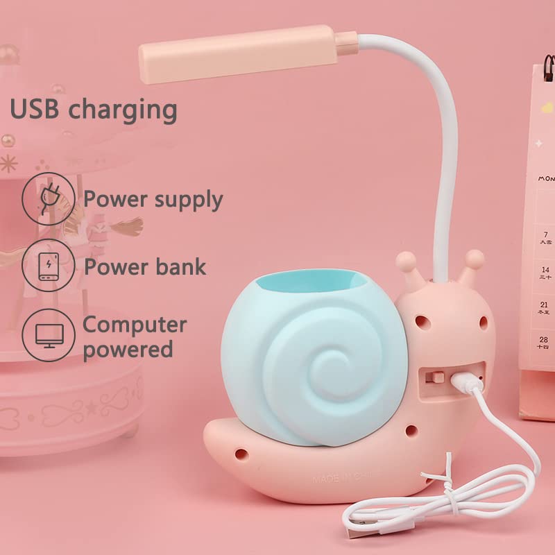 Cute Kids Lamp with Pen Holder,LED Desk Lamp for Child,Snail Shape USB Charging Student Learning Eye Protection Lamp with 360° Bendable Adjustable Neck Yellow