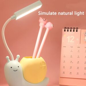 Cute Kids Lamp with Pen Holder,LED Desk Lamp for Child,Snail Shape USB Charging Student Learning Eye Protection Lamp with 360° Bendable Adjustable Neck Yellow