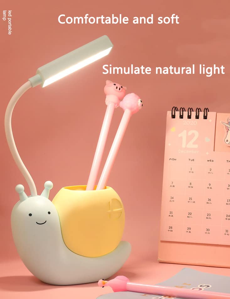 Cute Kids Lamp with Pen Holder,LED Desk Lamp for Child,Snail Shape USB Charging Student Learning Eye Protection Lamp with 360° Bendable Adjustable Neck Yellow