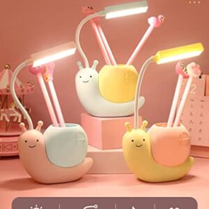 Cute Kids Lamp with Pen Holder,LED Desk Lamp for Child,Snail Shape USB Charging Student Learning Eye Protection Lamp with 360° Bendable Adjustable Neck Yellow