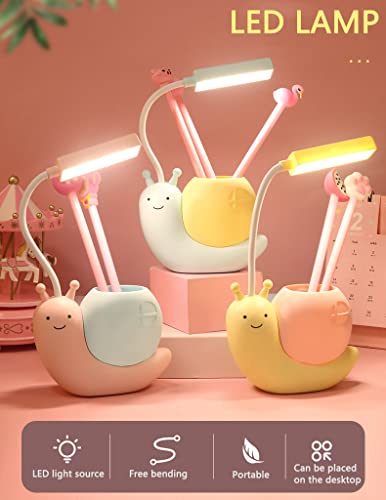 Cute Kids Lamp with Pen Holder,LED Desk Lamp for Child,Snail Shape USB Charging Student Learning Eye Protection Lamp with 360° Bendable Adjustable Neck Yellow