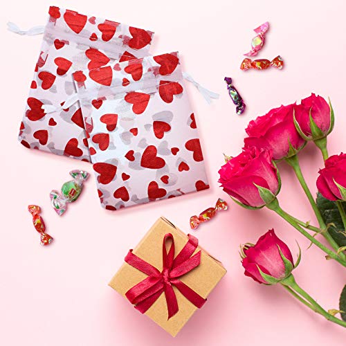 150 Pieces Valentine's Day Heart Organza Bags Valentine Candy Bags Sheer Drawstring Bags Wedding Drawstring Pouches Bags Jewelry Pouch Bags for Valentine's Day Wedding Festival Party Supply