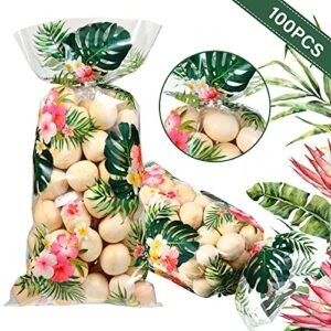 Geyee 100 pcs Hawaiian Luau Cellophane Treat Bags,Summer Tropical Aloha Themed Candy Bags Palm Leaves Hibiscus Goodie Bags with 100 Silver Twist Ties for Kids Birthday Party Favor Bag,Clear,10.8x5 in